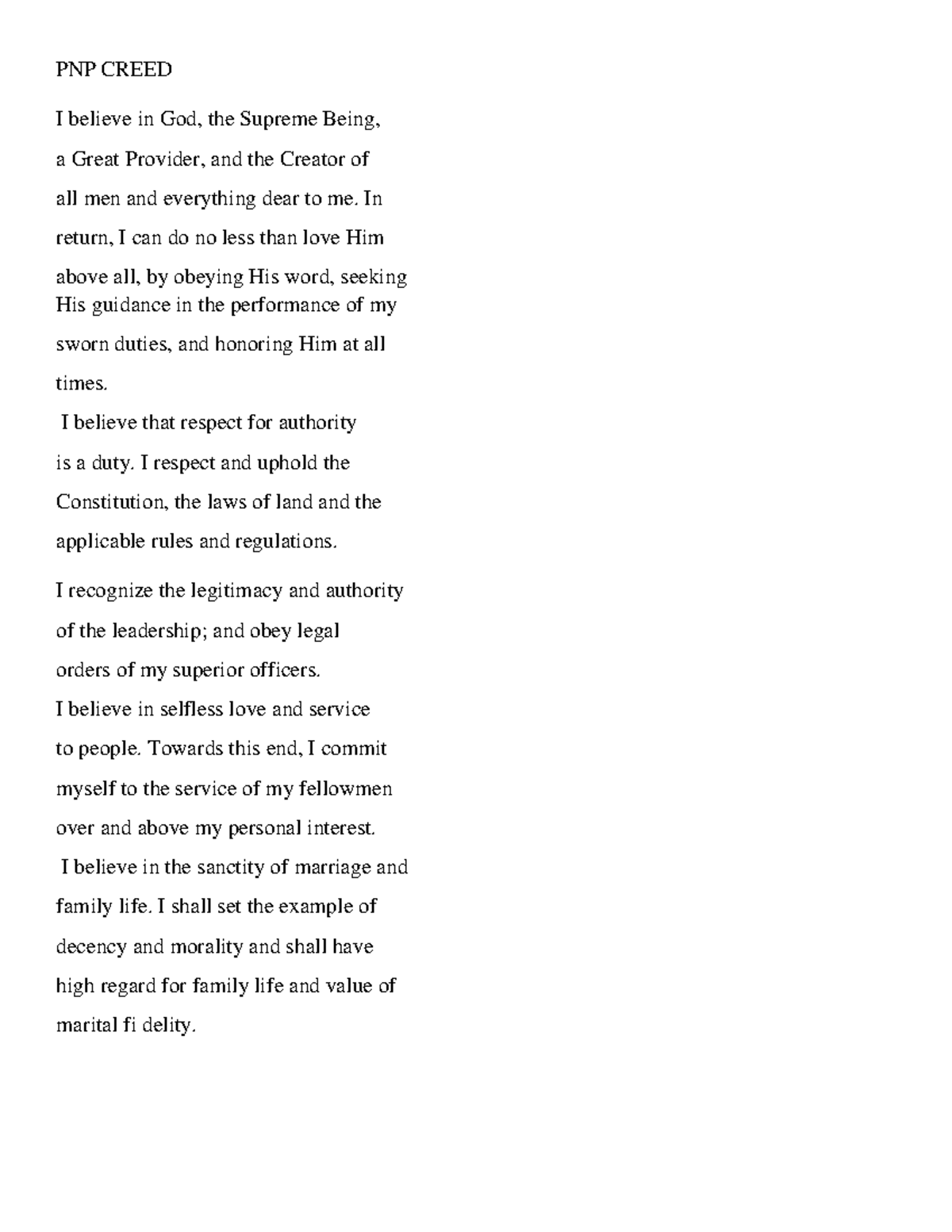 PNP Creed: Values and Principles of Philippine Police Officers - Studocu