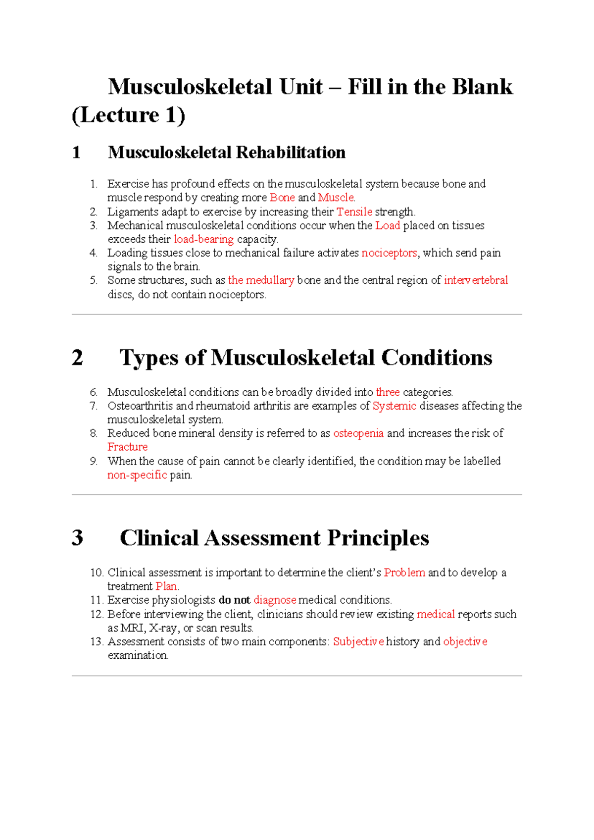 Musculoskeletal Rehabilitation 1: Fill in the Blank (Lecture 1) Study ...