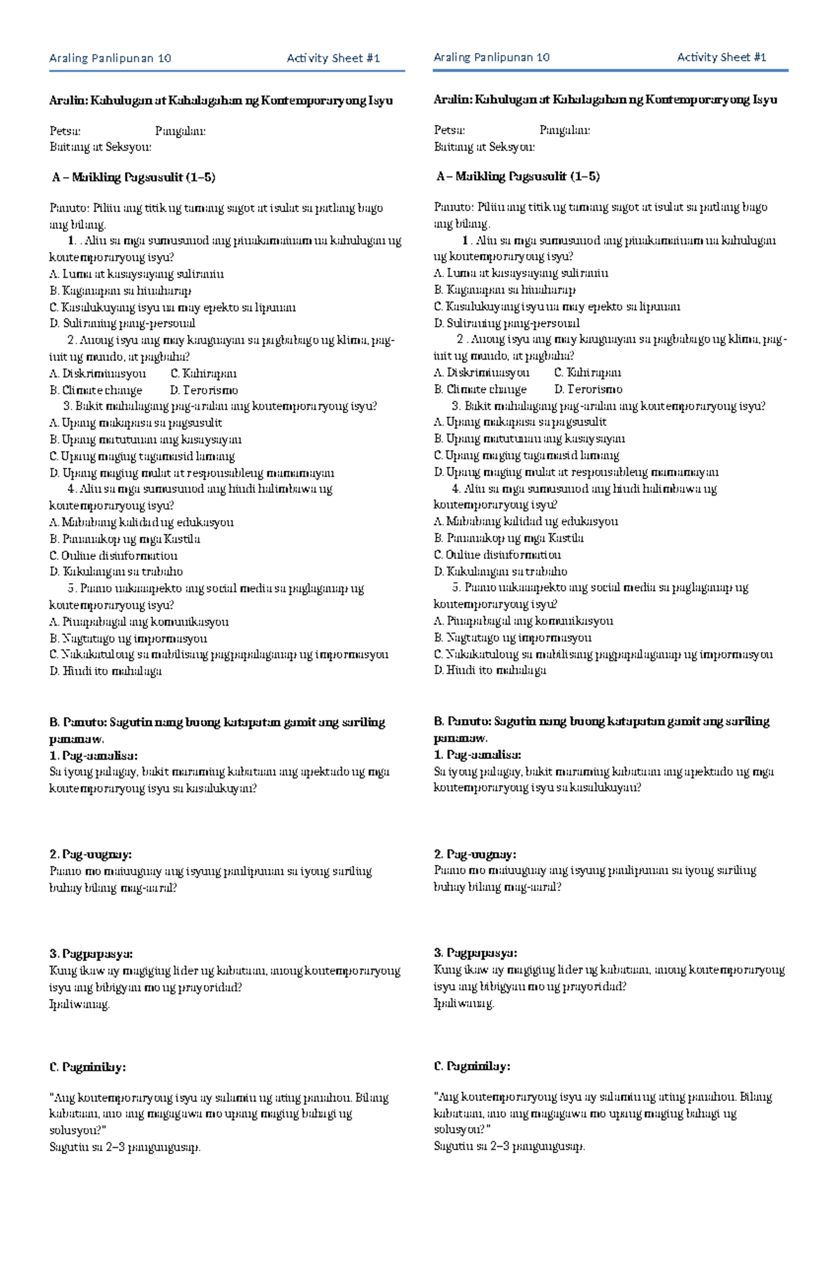 Q1 Activity Sheet 1: Kahulugan at Kahalagahan ng Kontemporaryong Isyu - Studocu