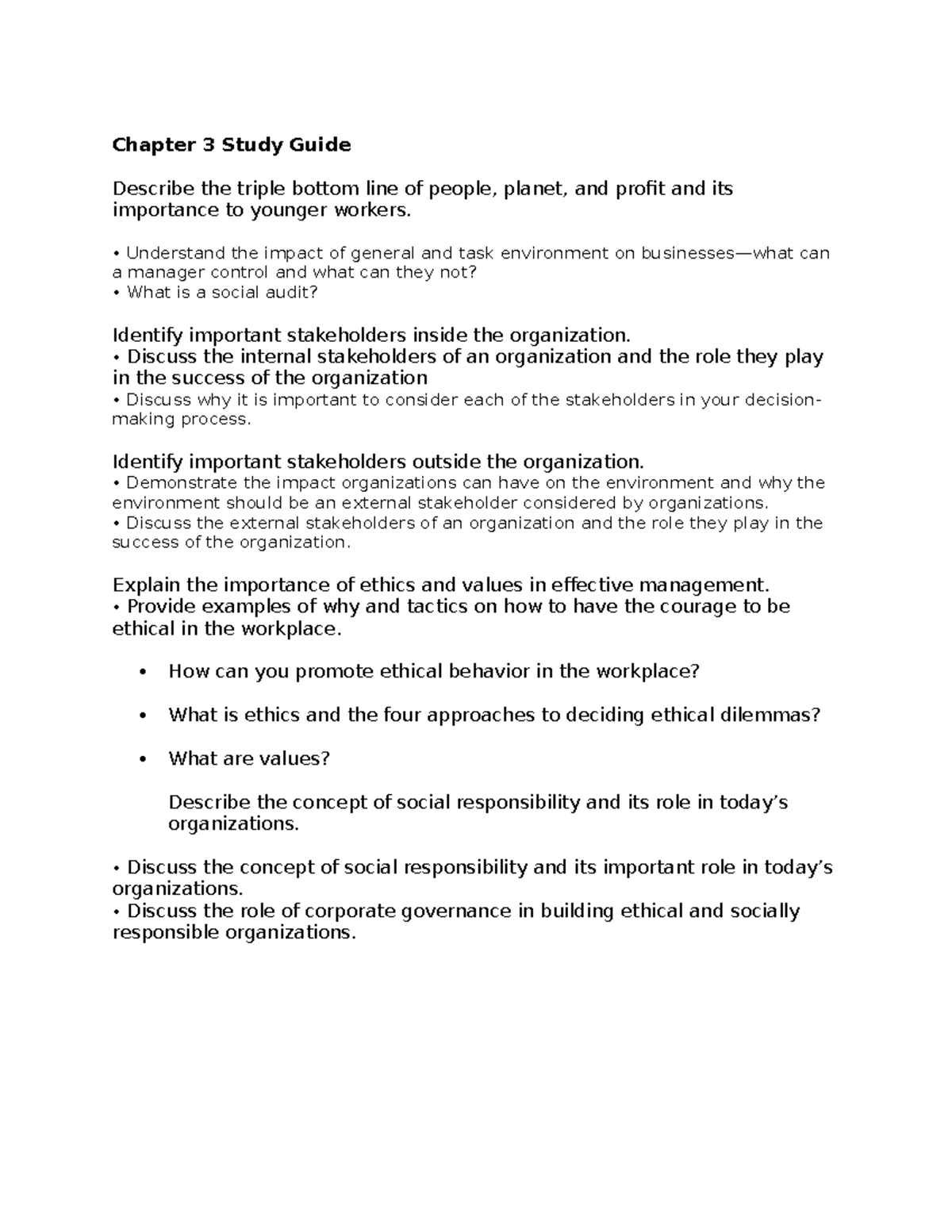 Chapter 3 Study Guide: Triple Bottom Line & Stakeholder Roles (MGMT ...