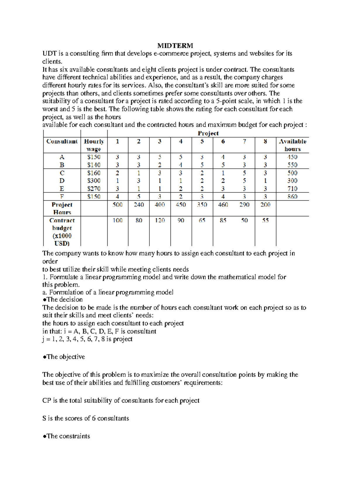 Midterm UDT: Linear Programming Model for Consultant Project Allocation ...