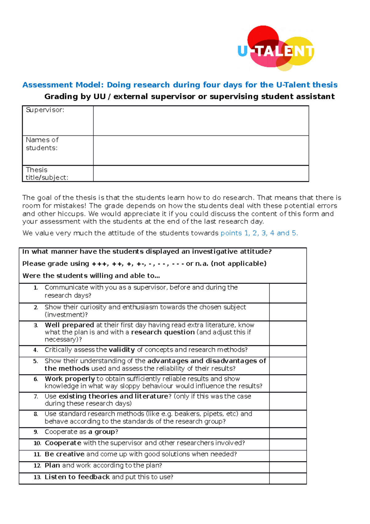 U-Talent Thesis Assessment Model: Grading Research Process and Results ...