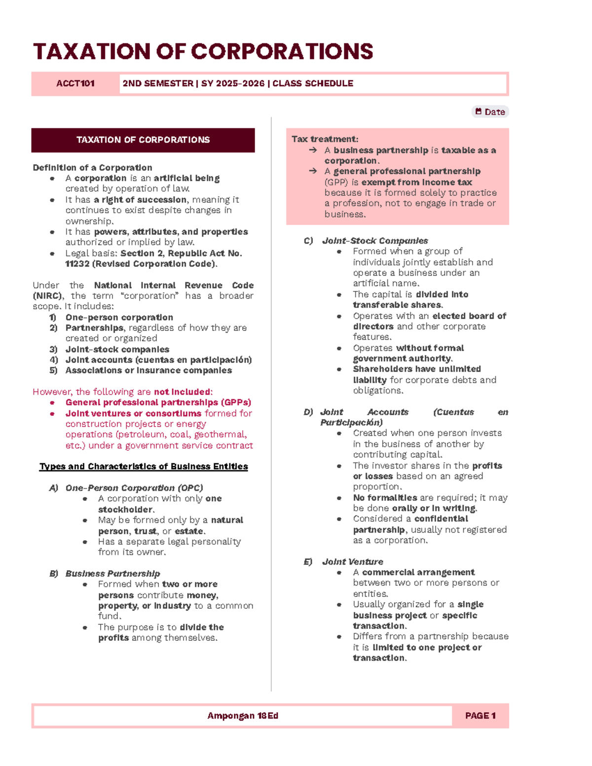 Taxation of Corporations: ACCT101 2nd Sem SY Class Notes - Studocu