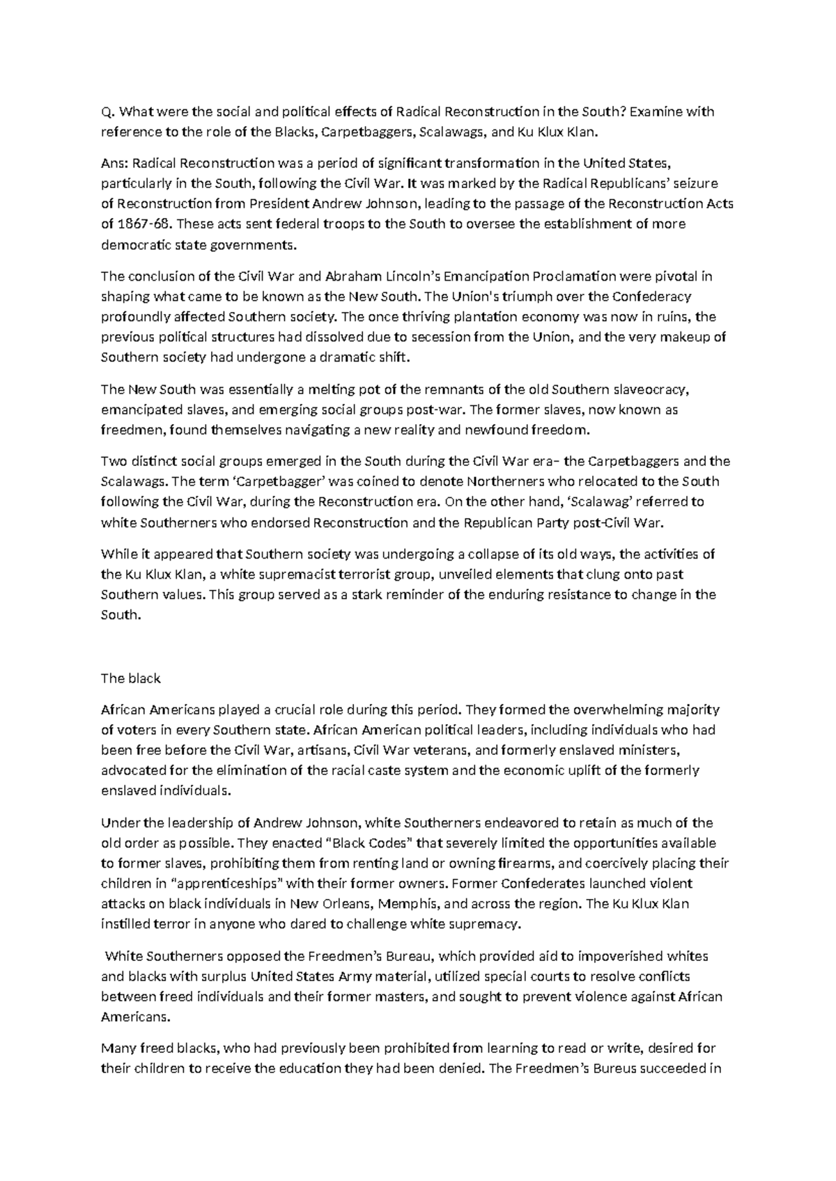 SOC 205: Social & Political Effects of Radical Reconstruction in the ...