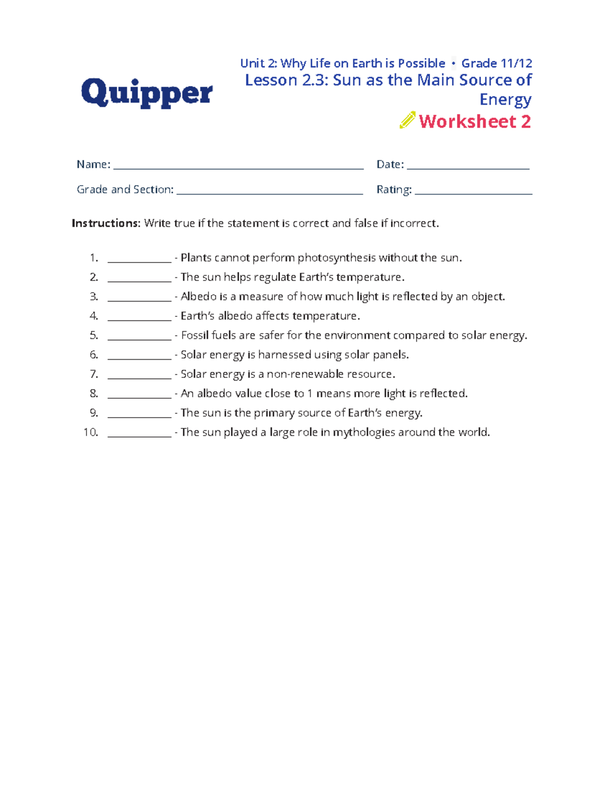 SHS 2.3: Earth and Life Science - Sun as Energy Source Worksheet - Studocu