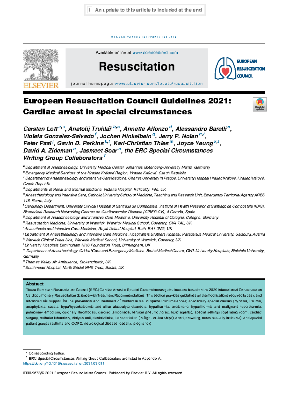 ERC 2021 Guidelines: Cardiac Arrest in Special Circumstances - Studocu