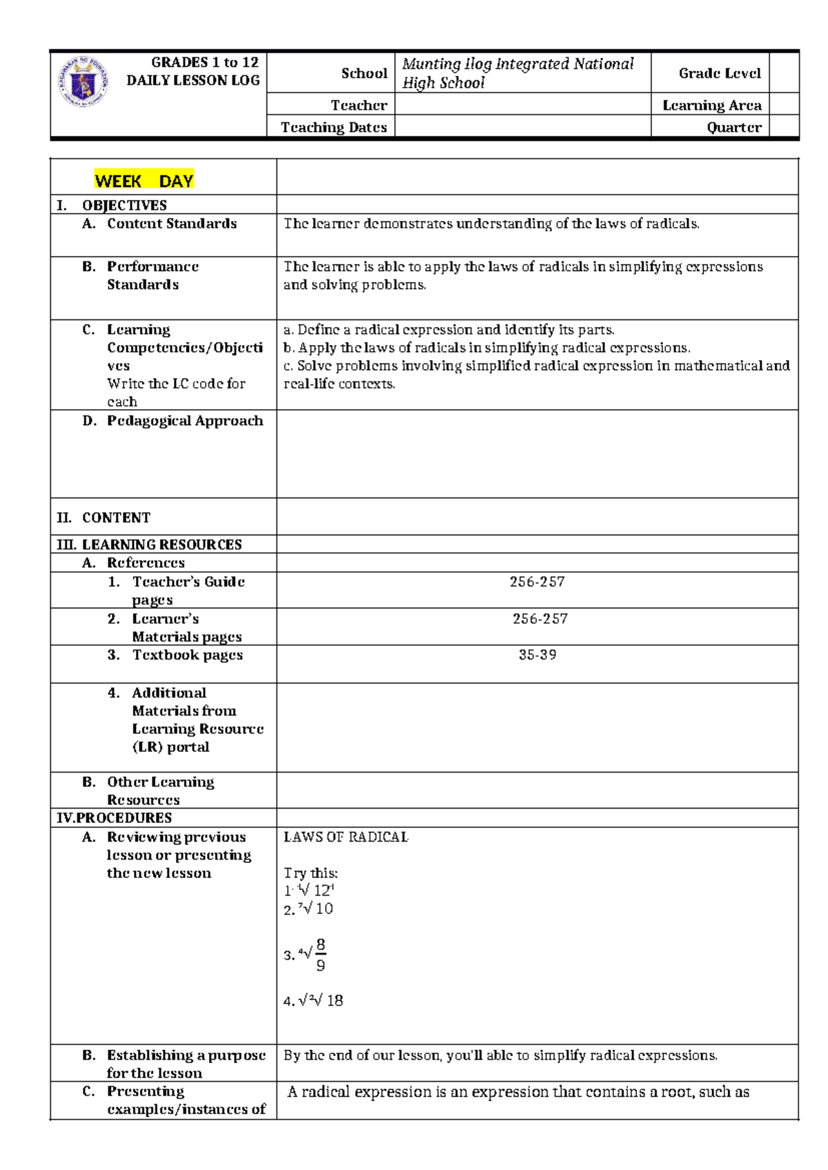 Daily Lesson Log: Laws of Radicals for Grades 1-12 - Studocu