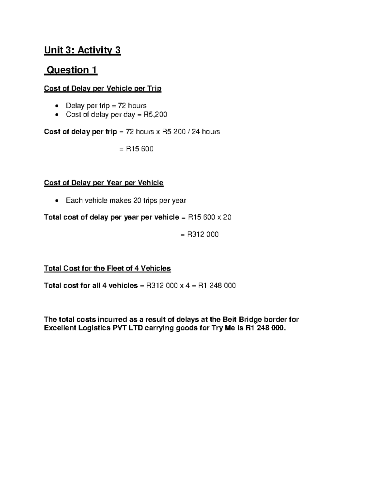 Unit 3: Activity 3 - Cost of Delay Analysis per Vehicle - Studocu