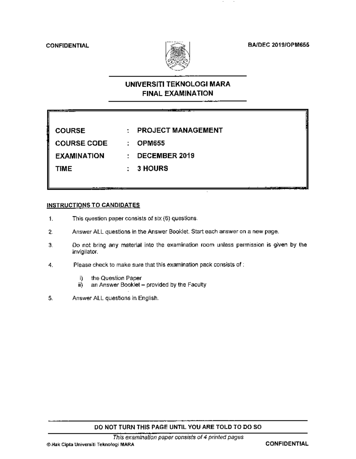 OPM655 Final Exam Dec 2019 - Project Management Past Year Questions ...