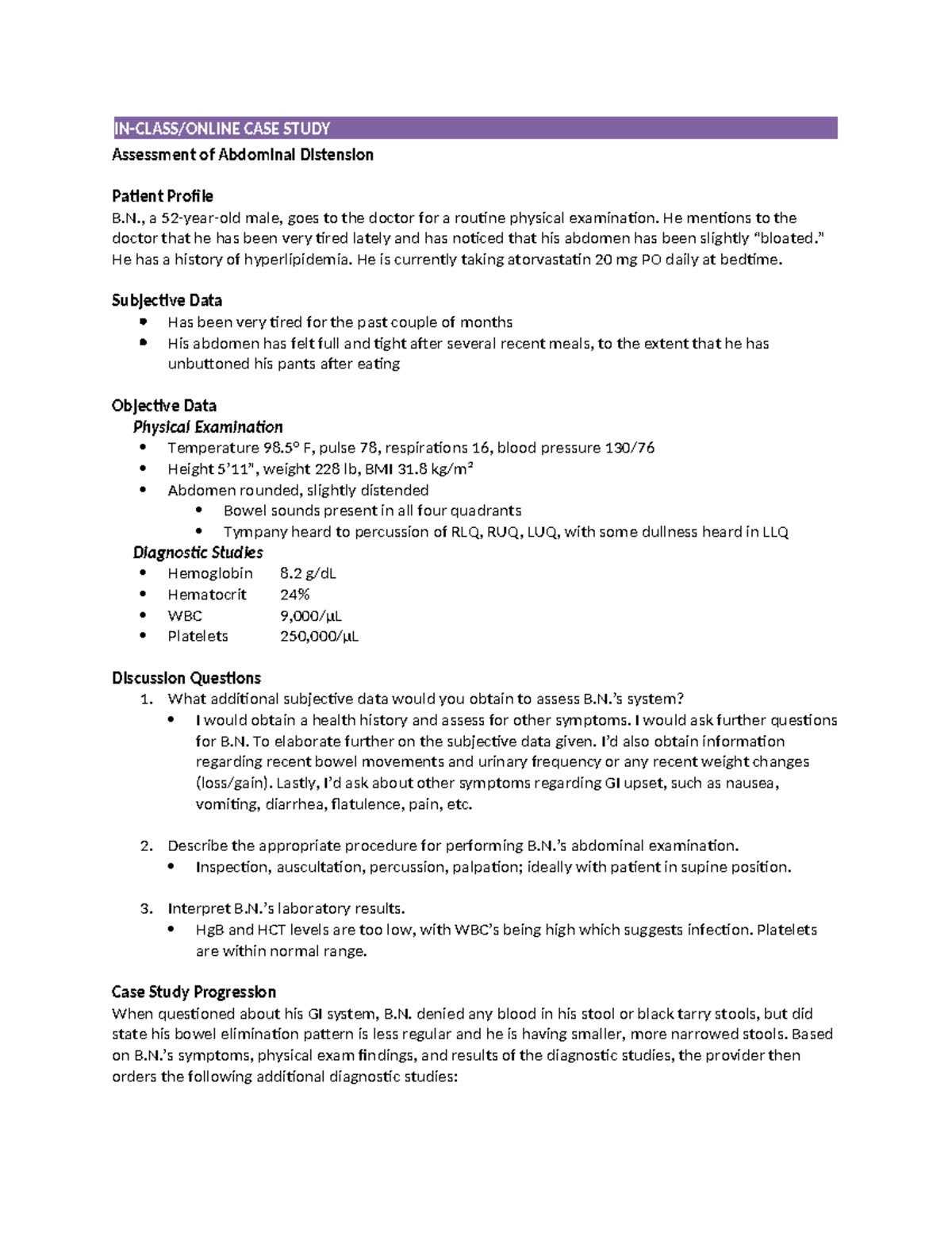 GI Case Study: Assessment of Abdominal Distension in Patient B.N. - Studocu
