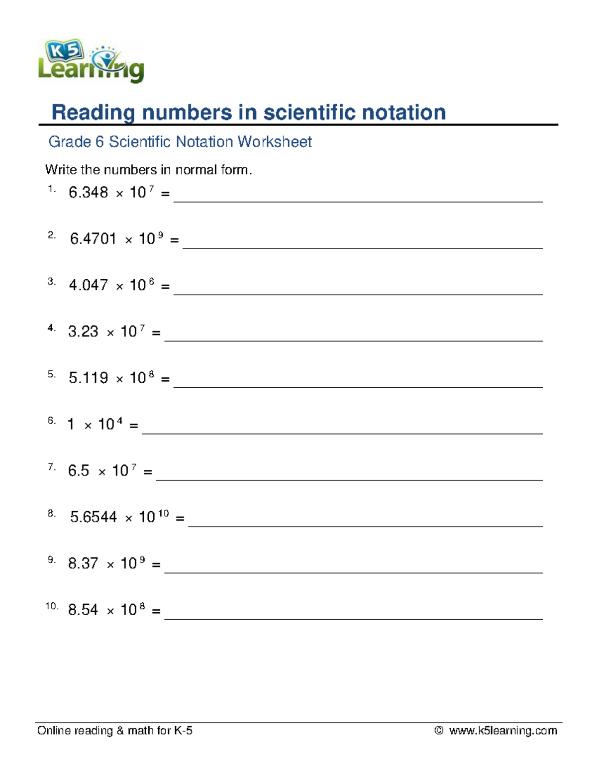 Grade 6 Scientific Notation Worksheet: Converting to Normal Form - Studocu