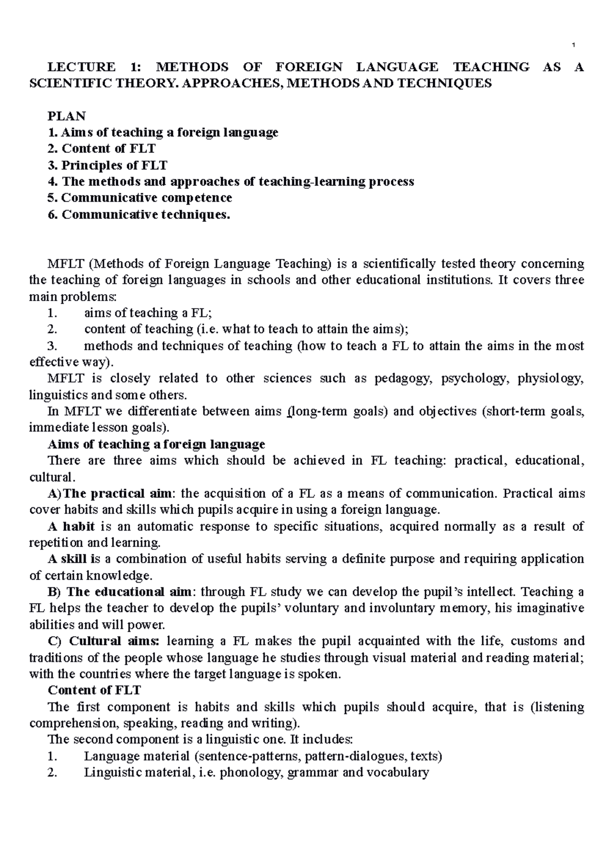 Methods of Foreign Language Teaching: Lecture 1 Overview - Studocu