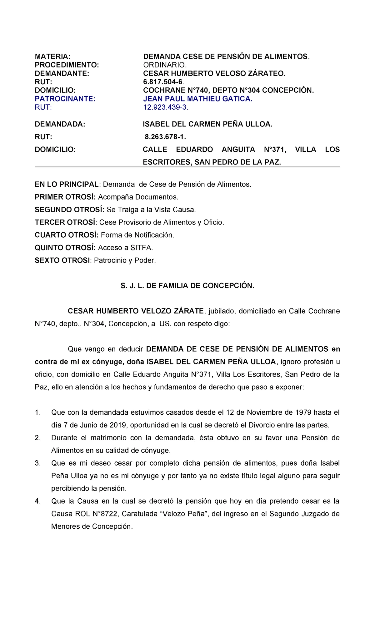DDA. Cumplimiento de Alimentos - Ejemplo de Demanda Legal - Studocu