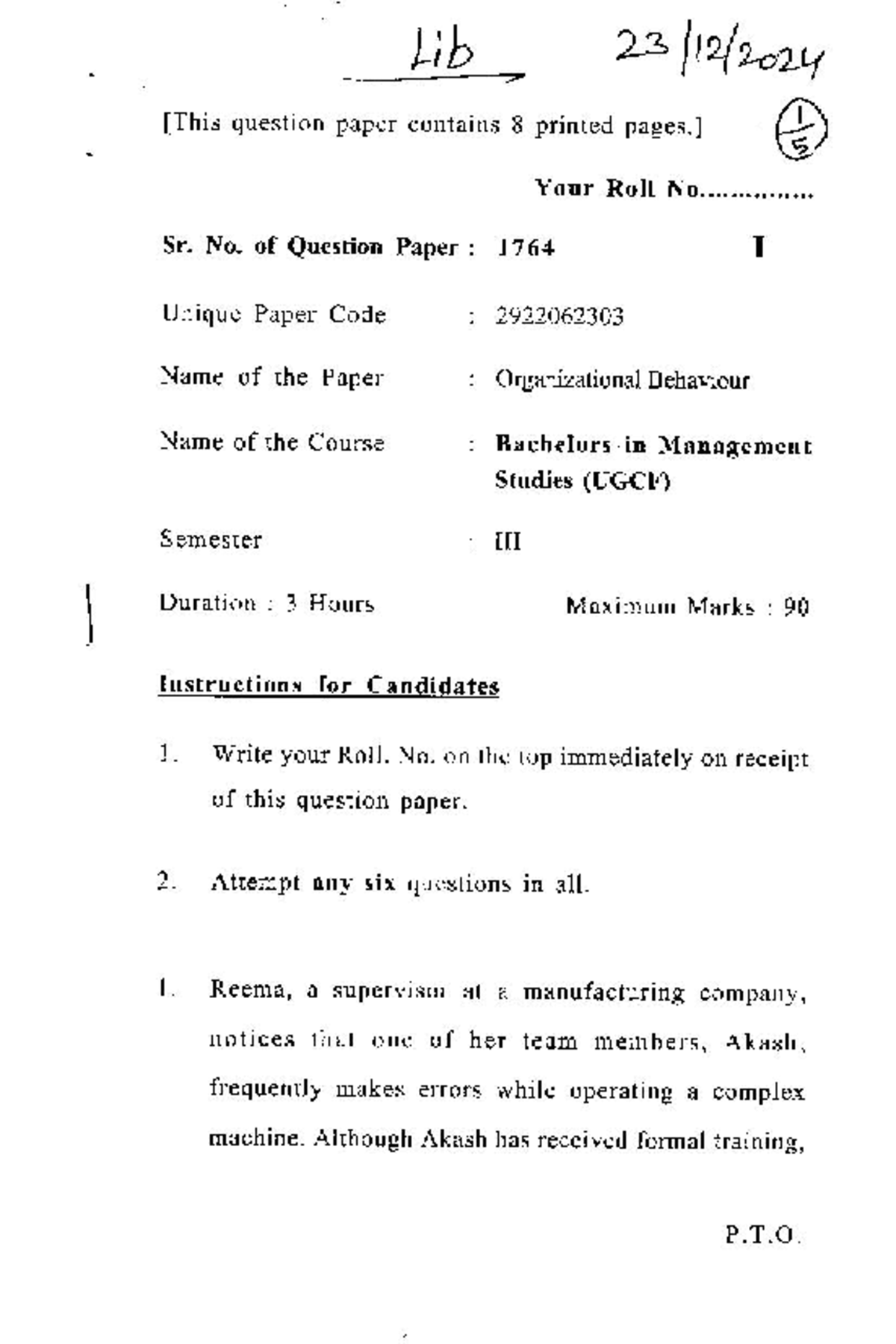 Organizational Behaviour Exam Paper - BMS UGCF Semester 3 - Studocu