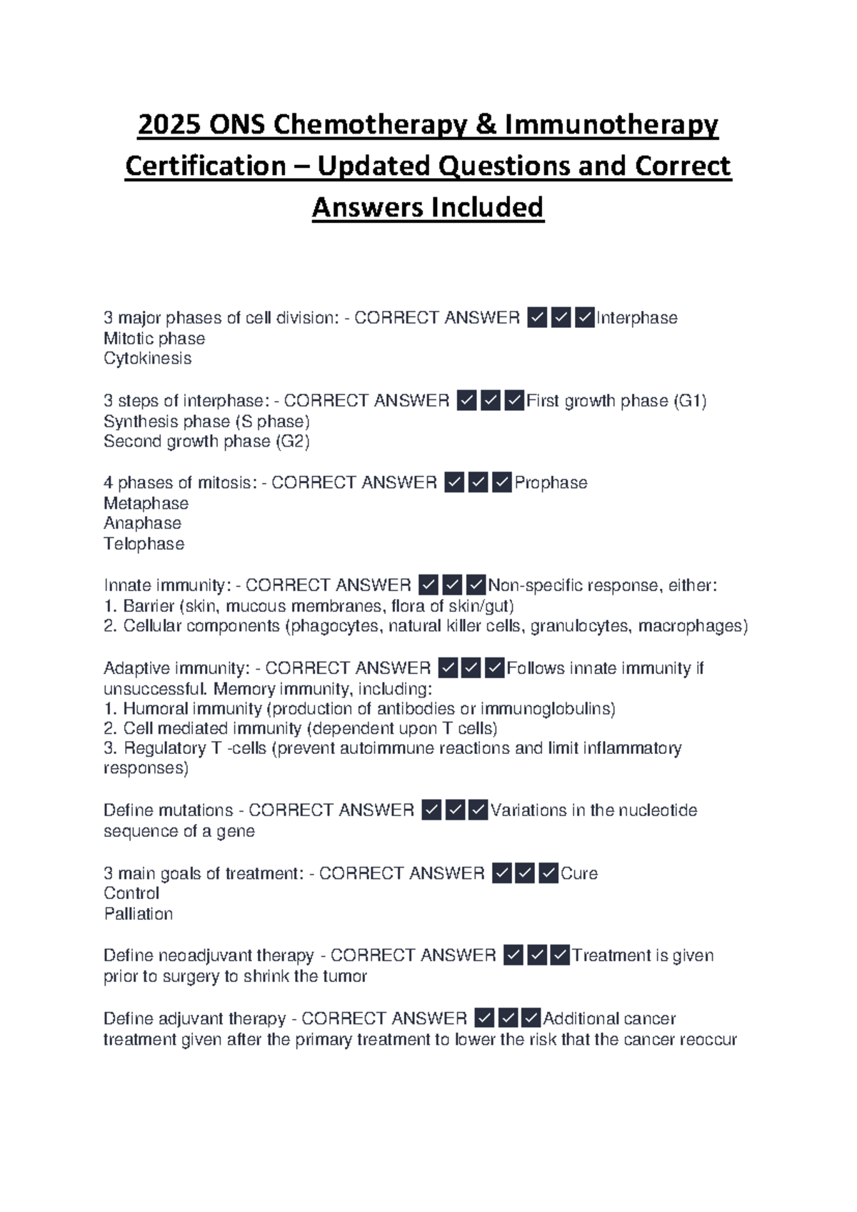 2025 ONS Chemotherapy Immunotherapy Certification Q&A Guide - Studocu
