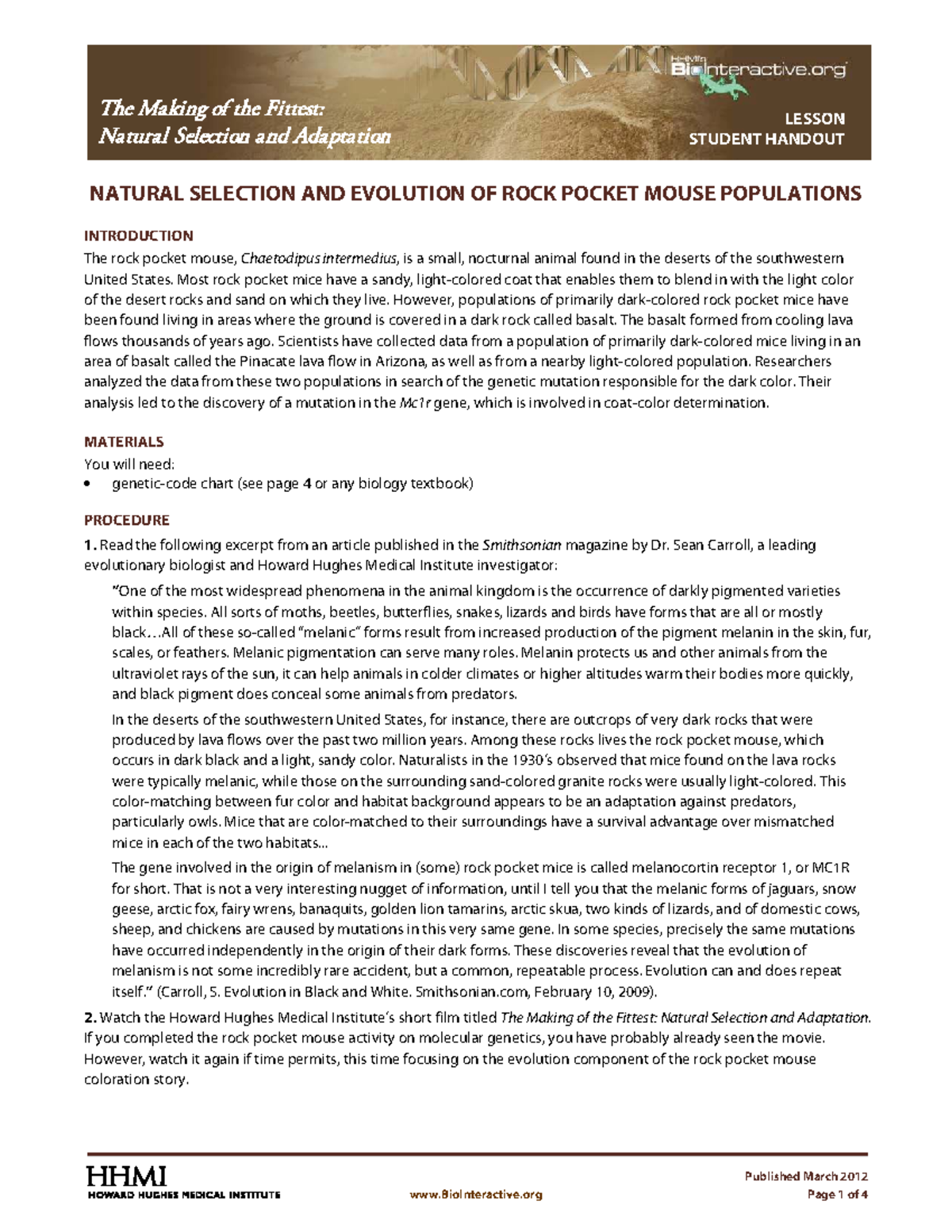 Mouse Natural Selection and Adaptation: Lesson Handout (AP Bio) - Studocu