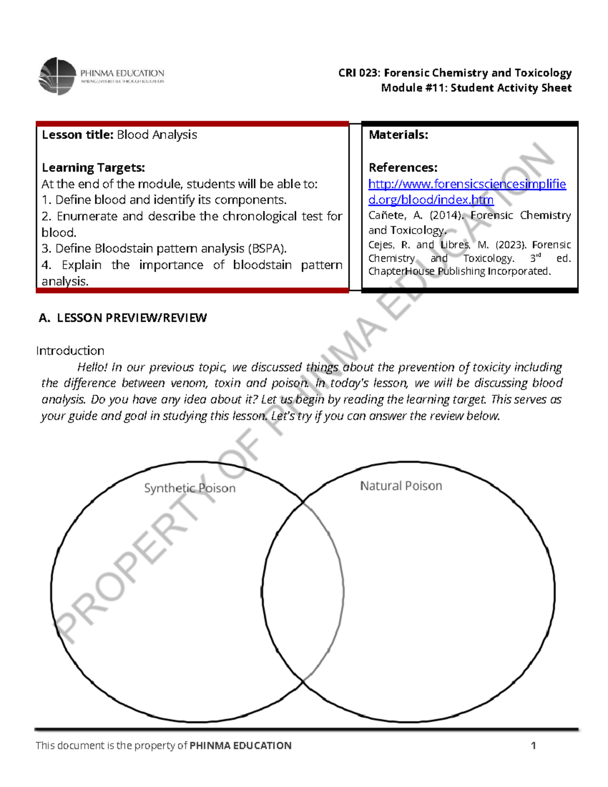 CRI 023 SAS 11 - FORENSIC CHEMISTRY AND TOXICOLOGY - Module #11: Student Activity Sheet Lesson ...