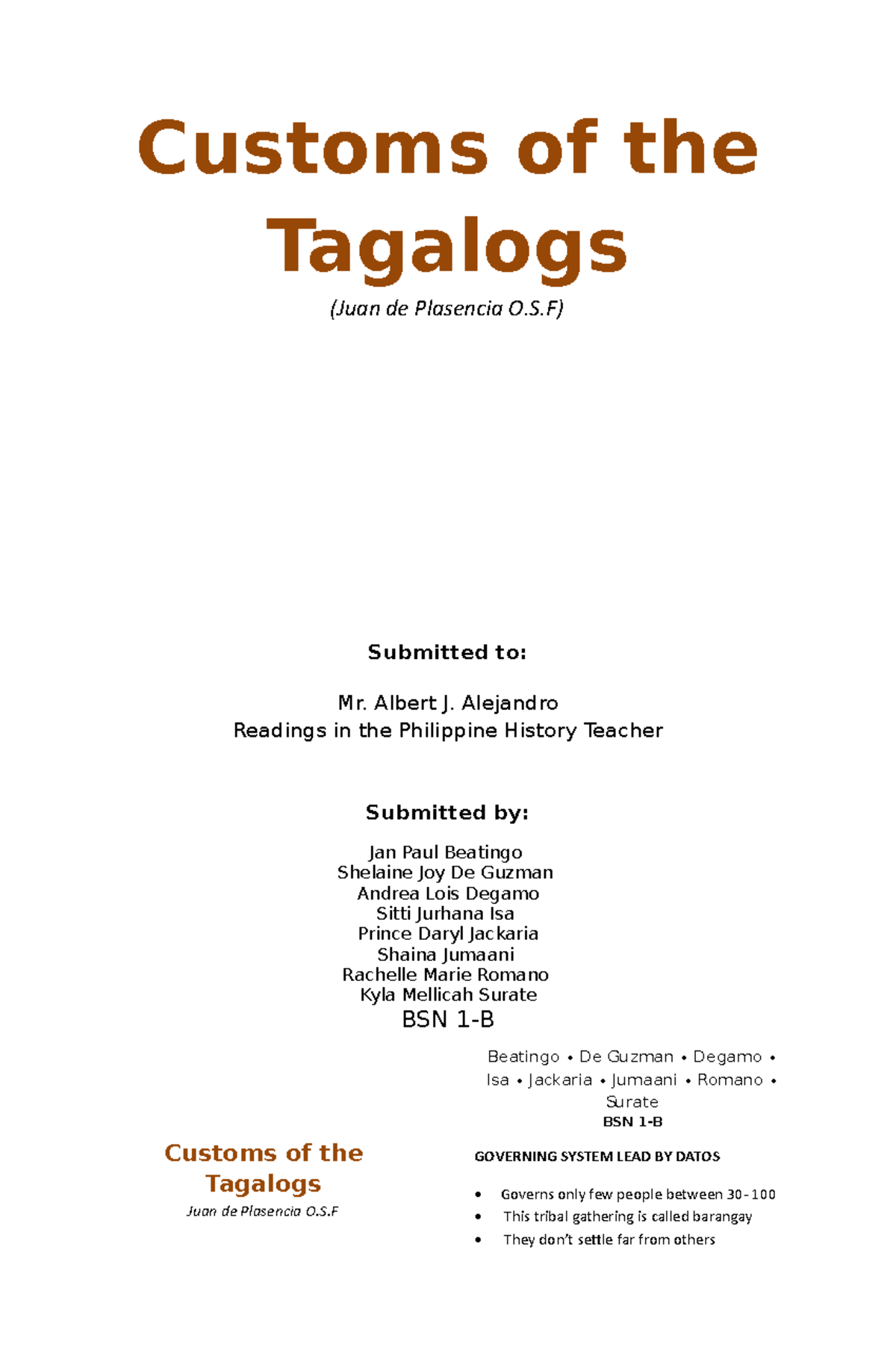 BSN 1-B Midterm Study Notes: Customs of the Tagalog - Studocu