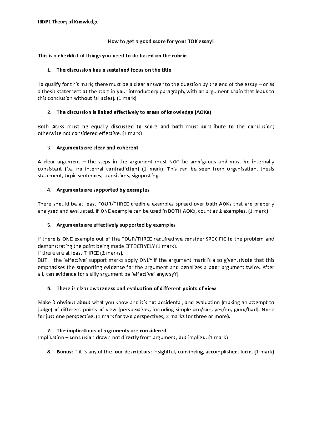 IBDP1 TOK Essay Scoring Checklist: Tips for Success - Studocu