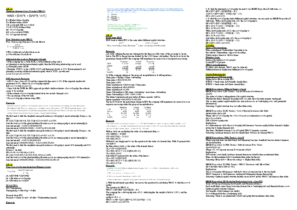 2FB3 Crib Sheet - CH. 14 Weighted Average Cost of Capital (WACC) E ...