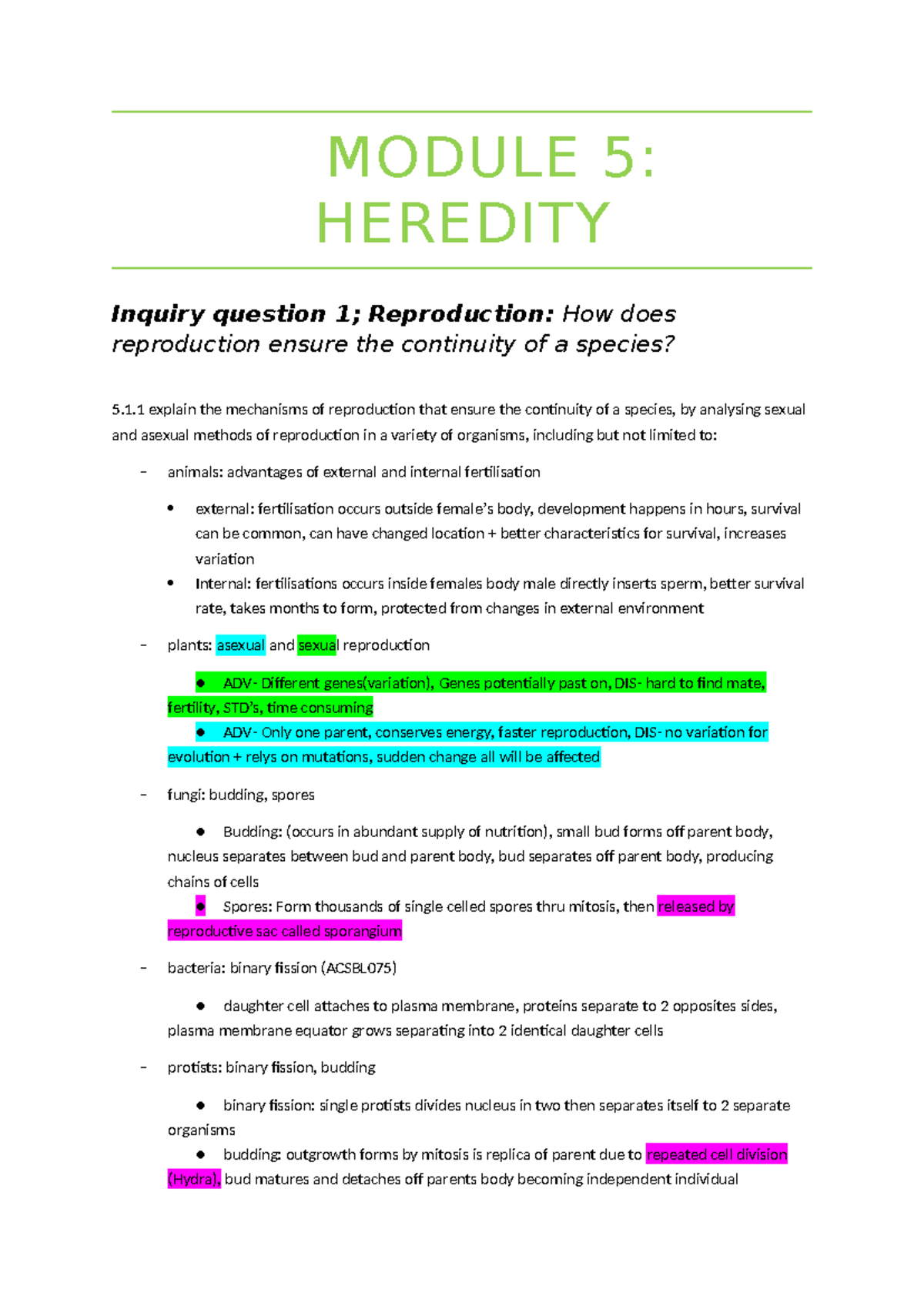 Module 5- Heredity study notes - MODULE 5: HEREDITY Inquiry question 1 ...