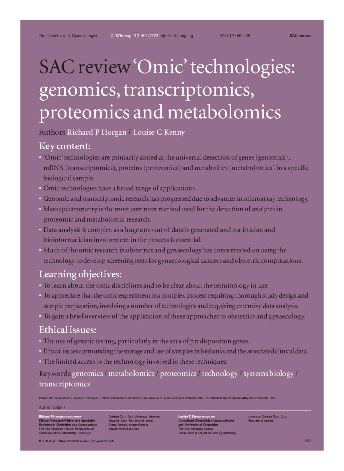 Omictechnology 2011 - Omic - ####### The Obstetrician & Gynaecologist ...
