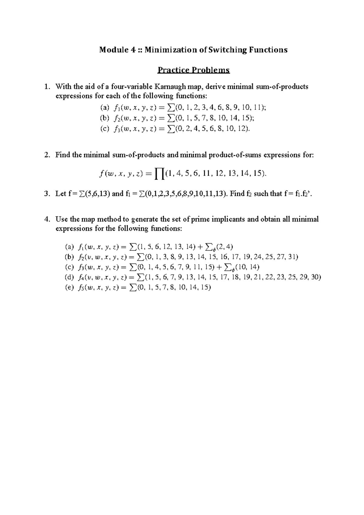 Minimization of switching functions: Practice problems for M4 - Studocu