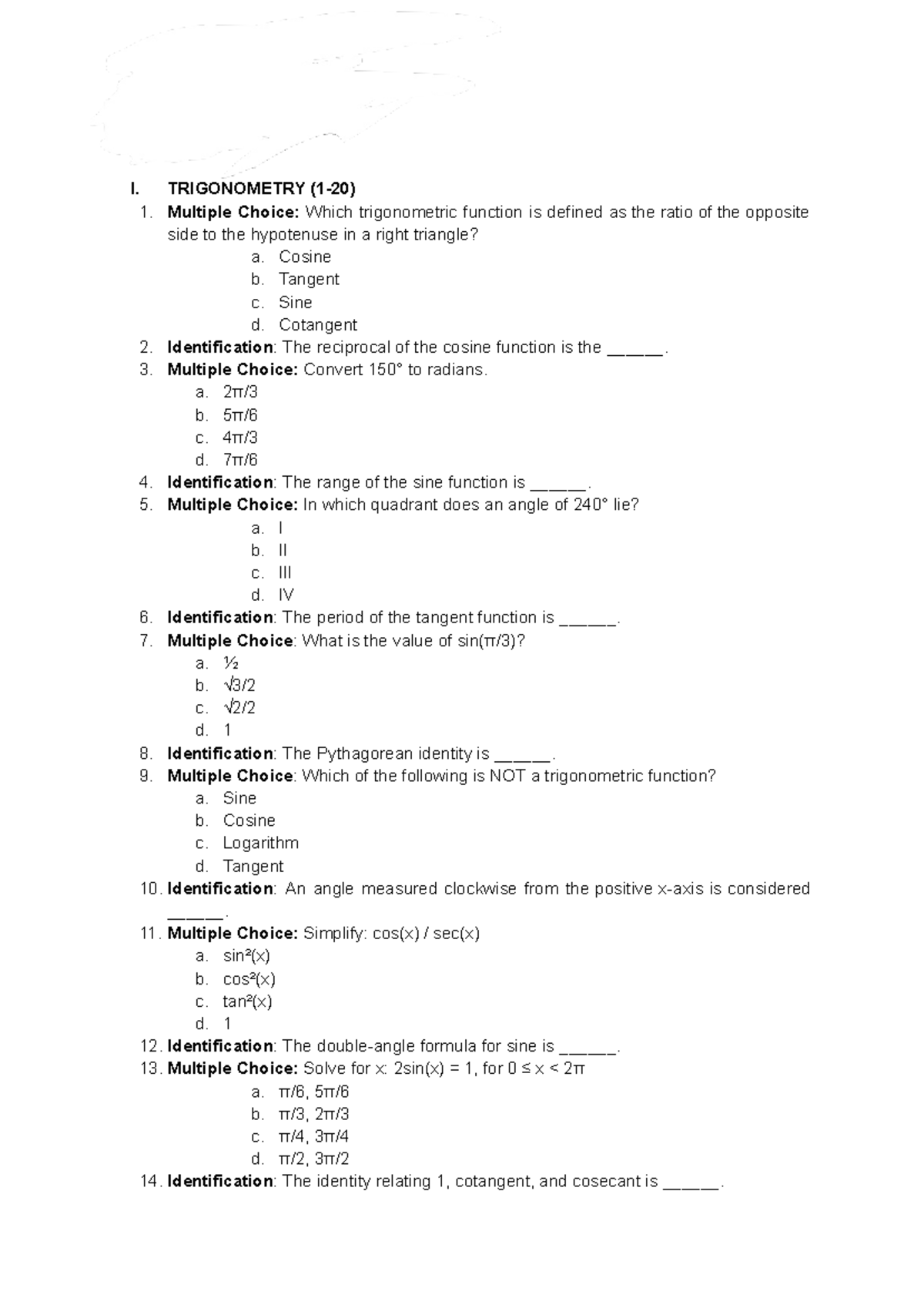 Quizzer MATH 1 - Trigonometry and Sequences Test Questions - Studocu