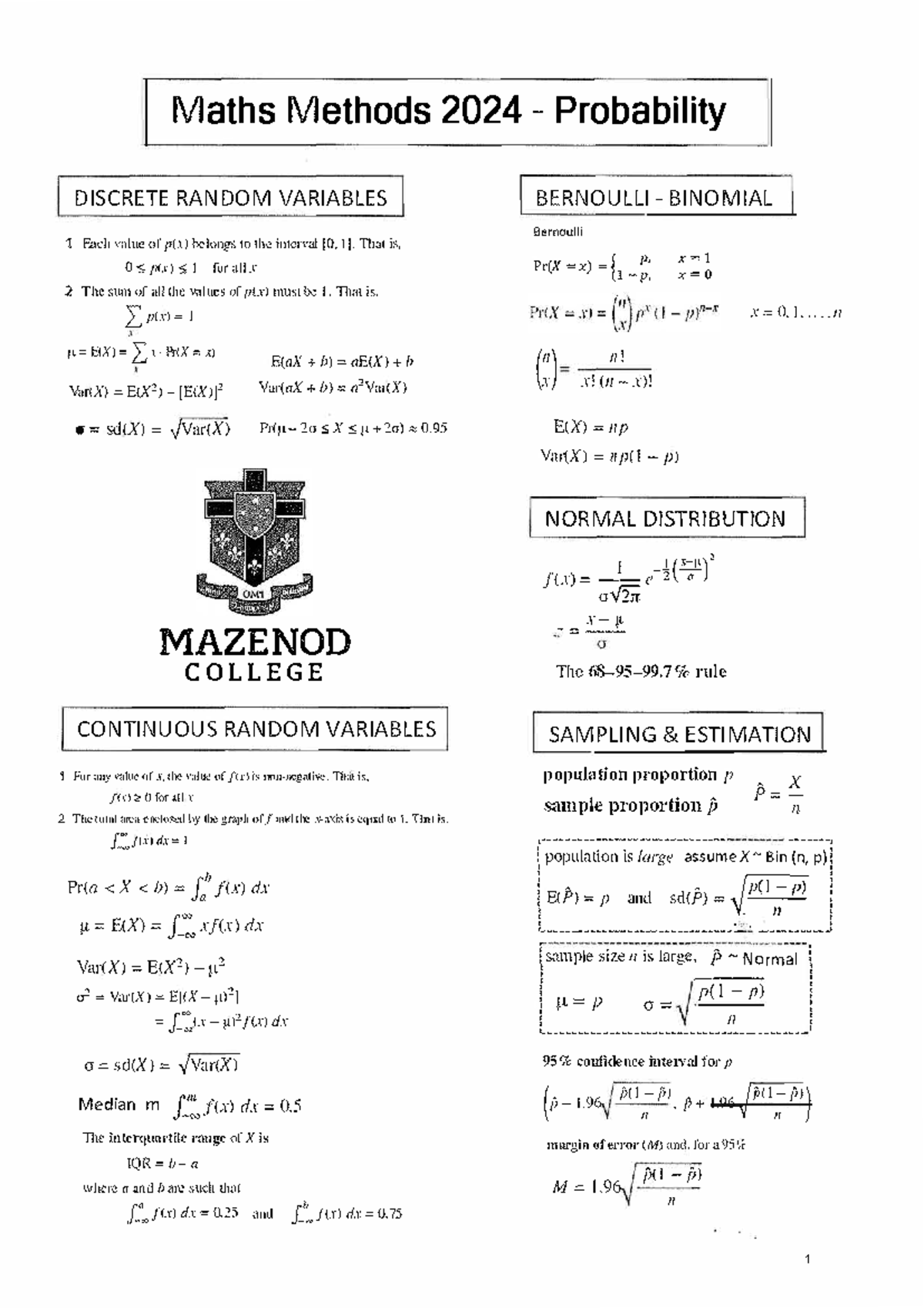 Maths Methods 2024: Probability Booklet on Random Variables - Studocu