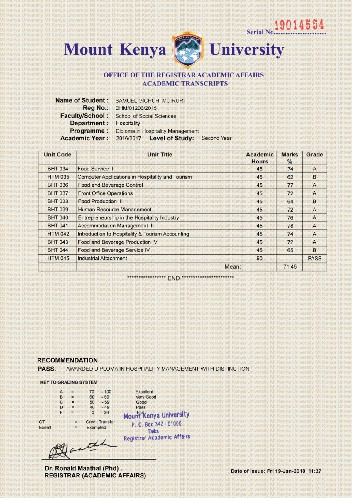 Mt Kenya University Academic Transcripts - Diploma in Hospitality ...