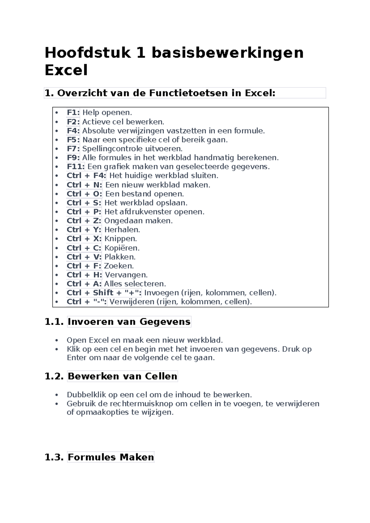 Excel Hoofdstuk 1: Basisbewerkingen en Functietoetsen Overzicht - Studocu