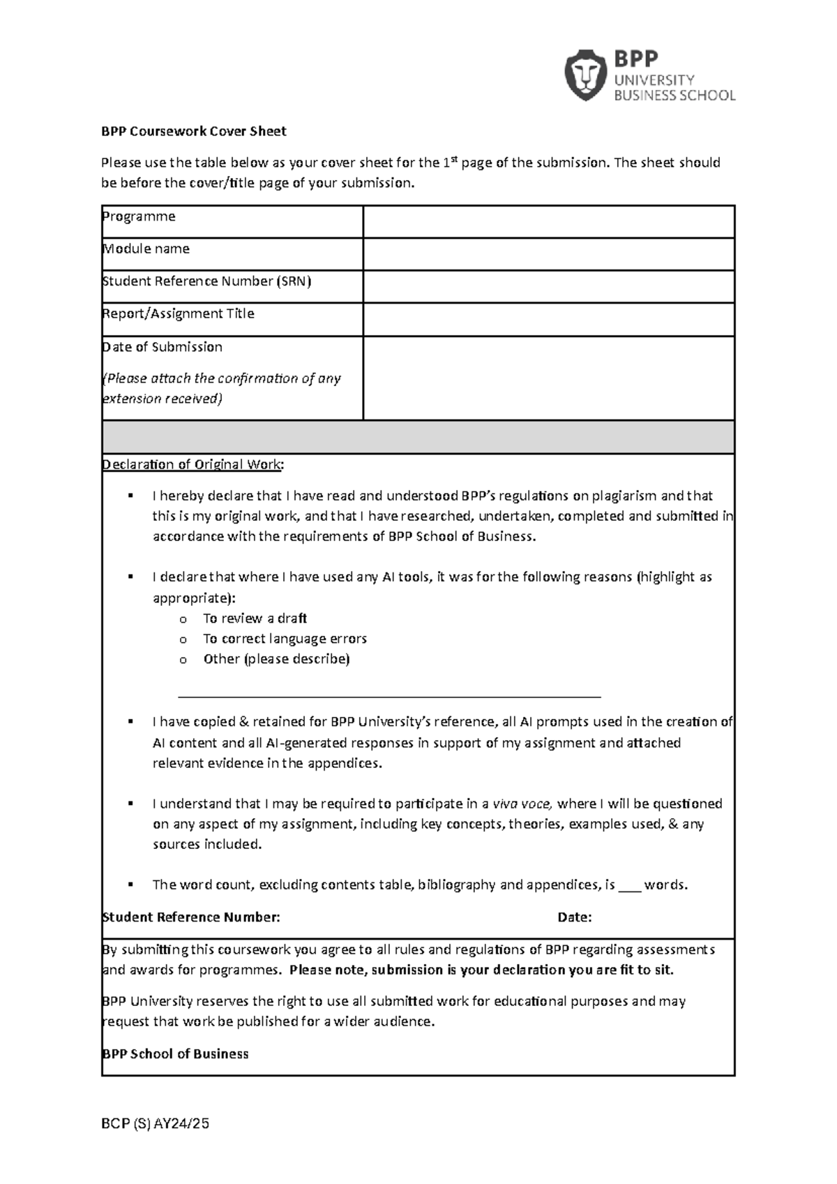 BPP BCP(S) MSc Management Business Consultancy Project Cover Sheet ...