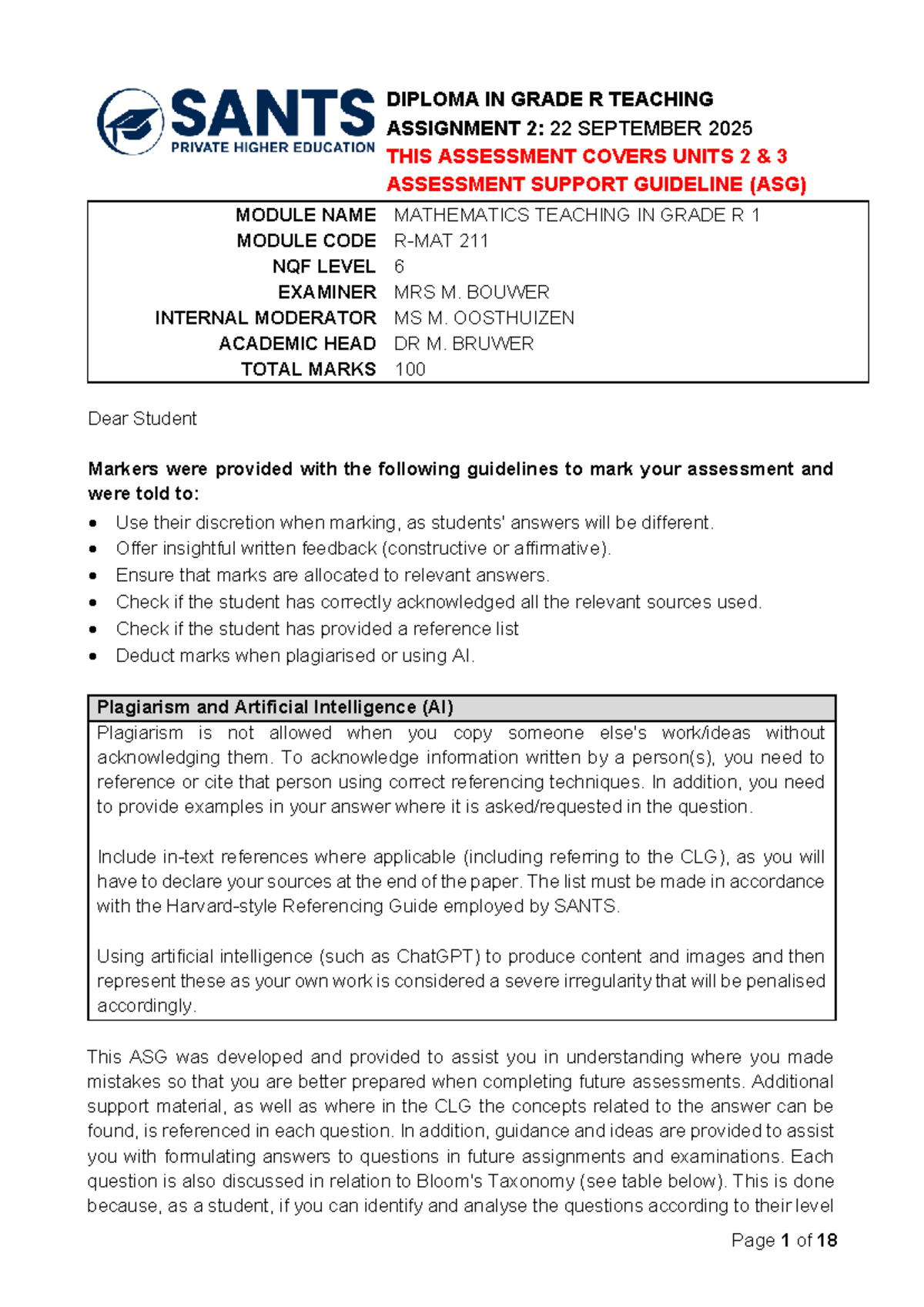 R-MAT 211 Assignment 2: Mathematics Teaching in Grade R ASG - Studocu