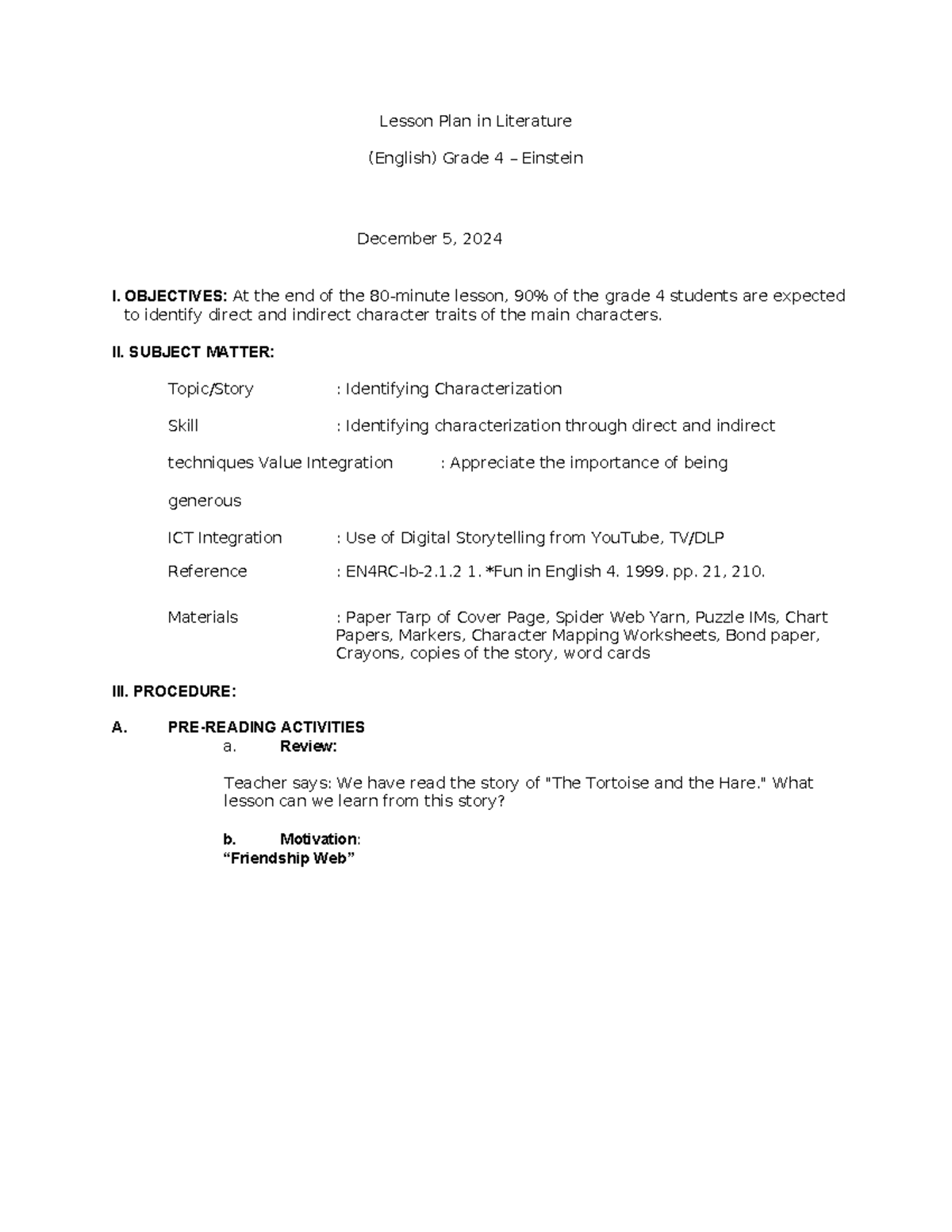 Lesson Plan in Teaching English - Lesson Plan in Literature (English ...