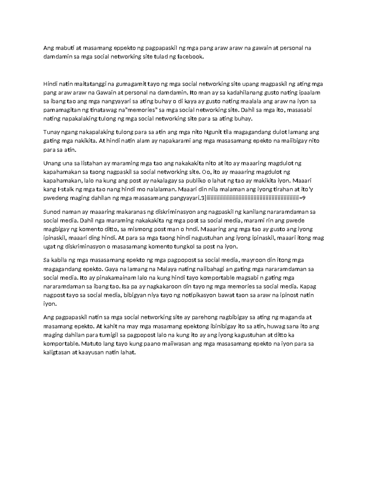 Talumpati - speech - Ang mabuti at masamang eppekto ng pagpapaskil ng ...