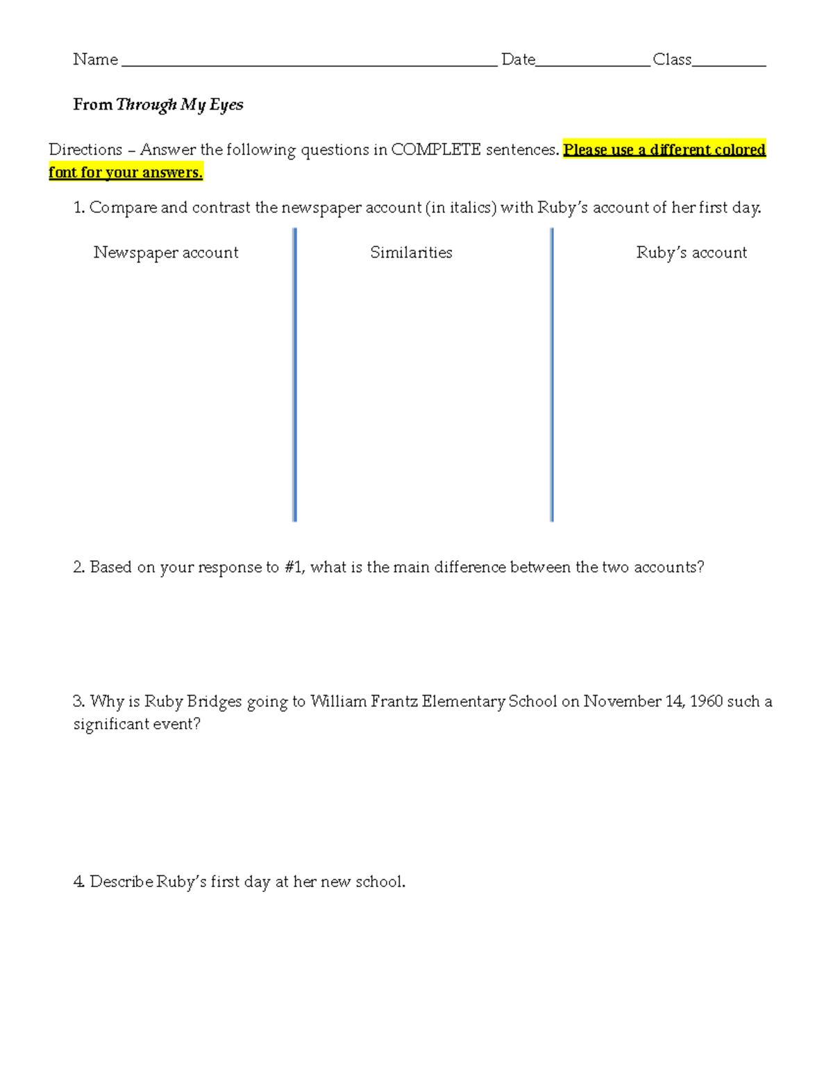 Cooper Milner - Through My Eyes: Question Guide for Class Assignments ...