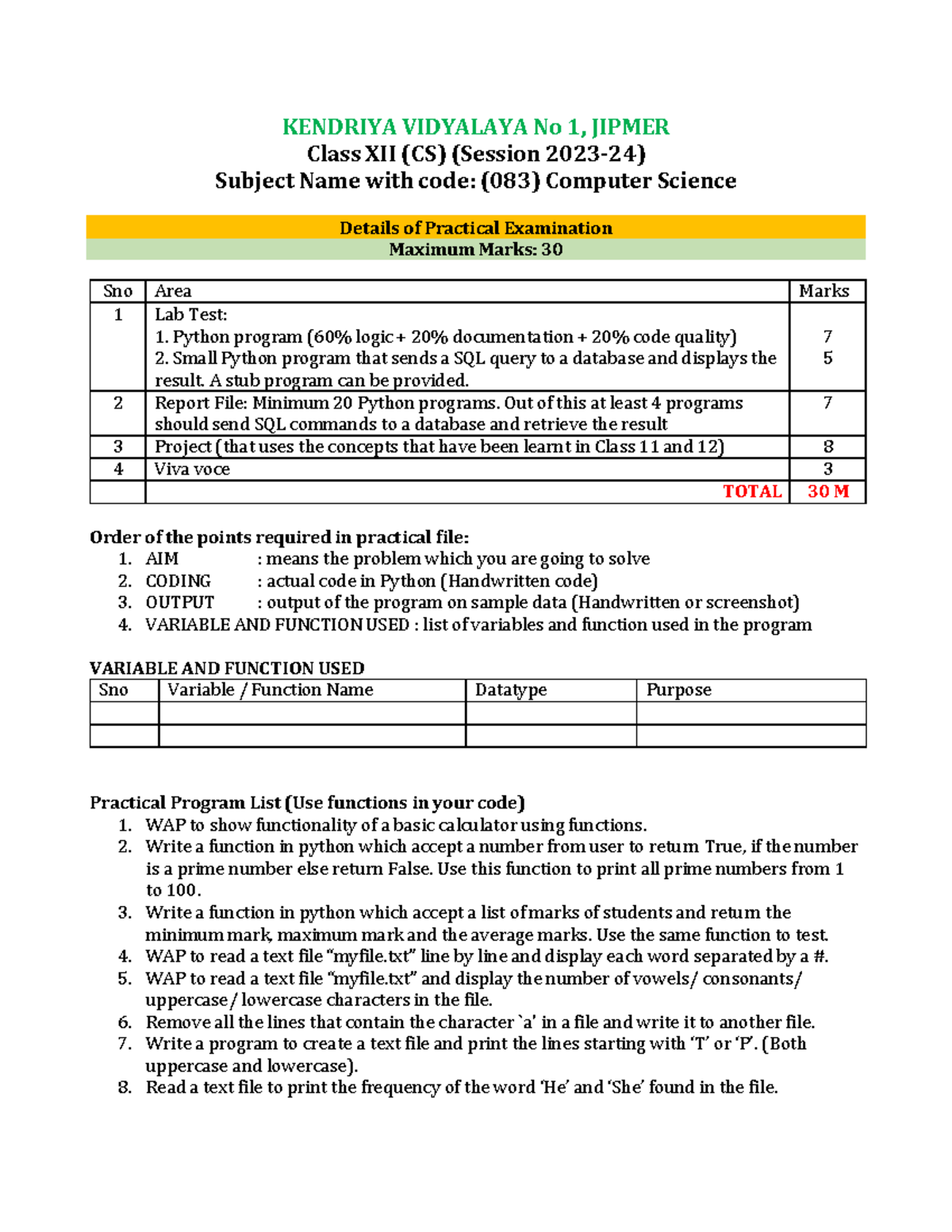 CS Class 12 Practical Exam Details (Subject Code: 083) - Studocu