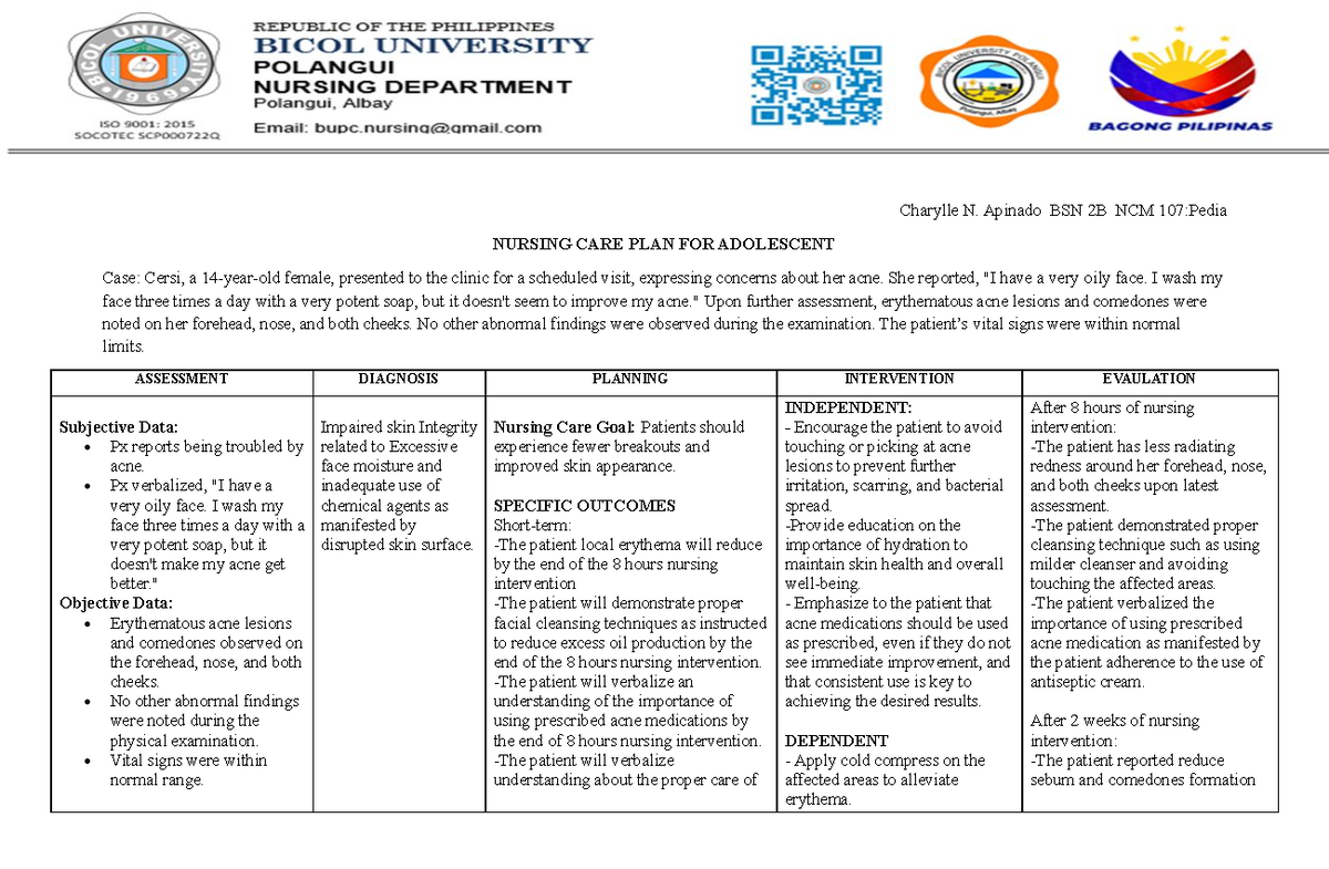 NCP ACNE. pediatric nursing - Charylle N. Apinado BSN 2B NCM 107:Pedia ...