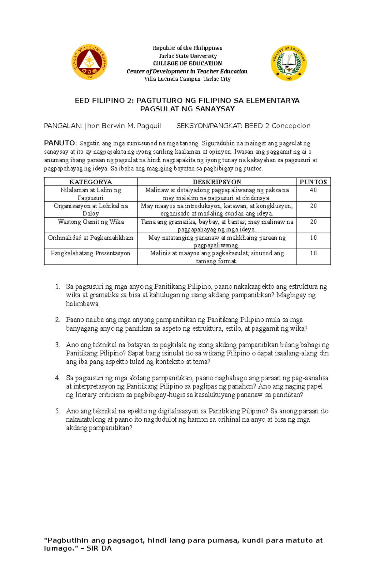 EED FILIPINO 2: Pagsusuri at Pagsulat ng Sanaysay sa Panitikang ...