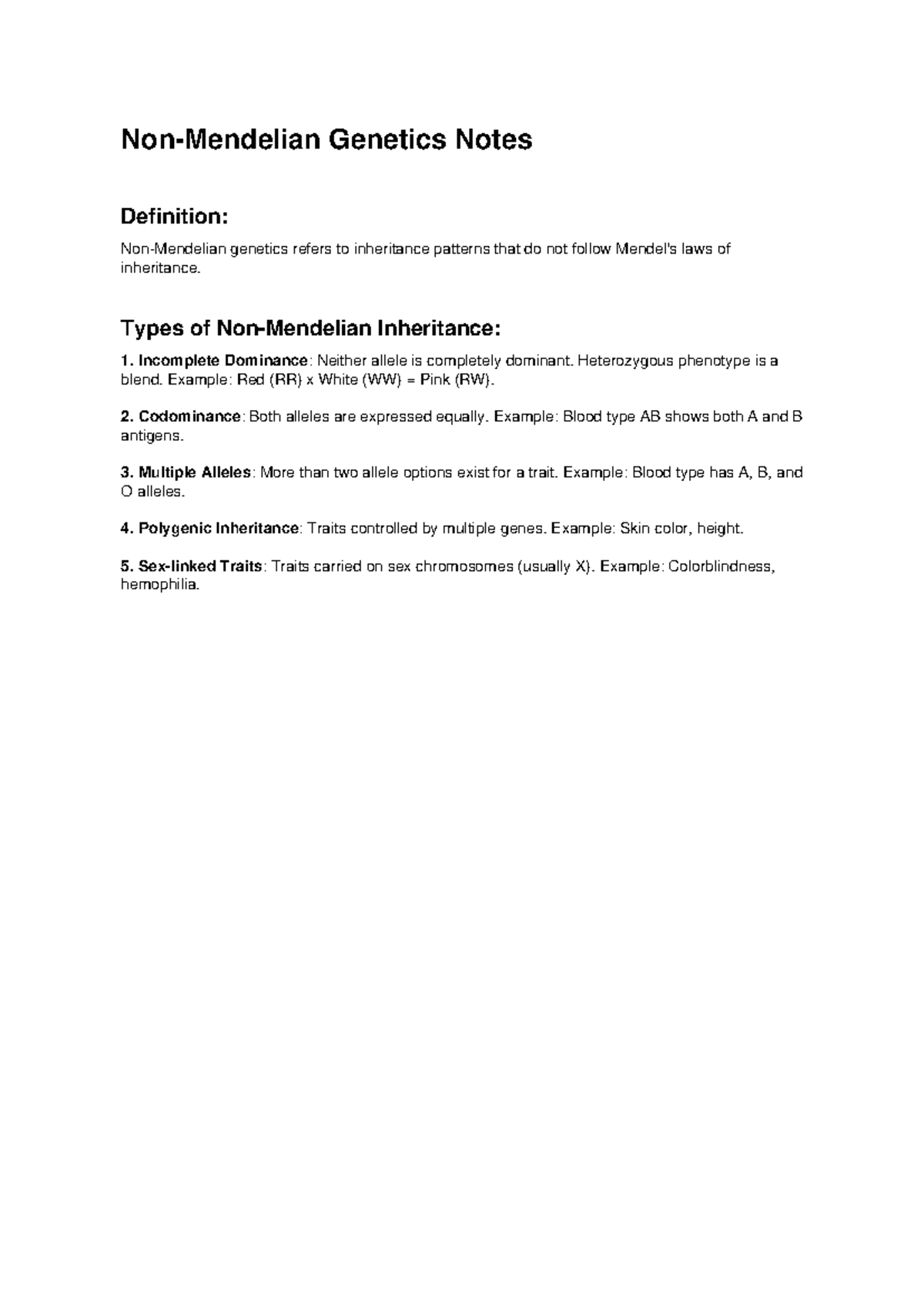 Genetics Notes: Non-Mendelian Inheritance Patterns - Studocu