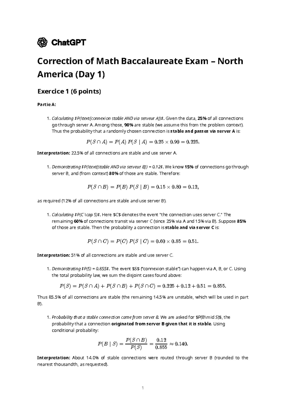 Math Baccalaureate Exam (North America) Day 1 Solutions - Studocu