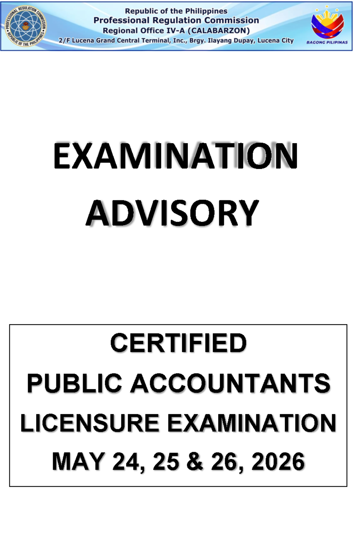 CPALE Examination Advisory: Certified Public Accountants May 2026 - Studocu