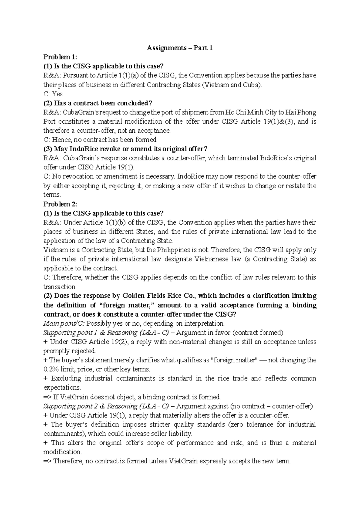 ITL - Assignments Part 1: CISG Applicability & Contract Formation - Studocu