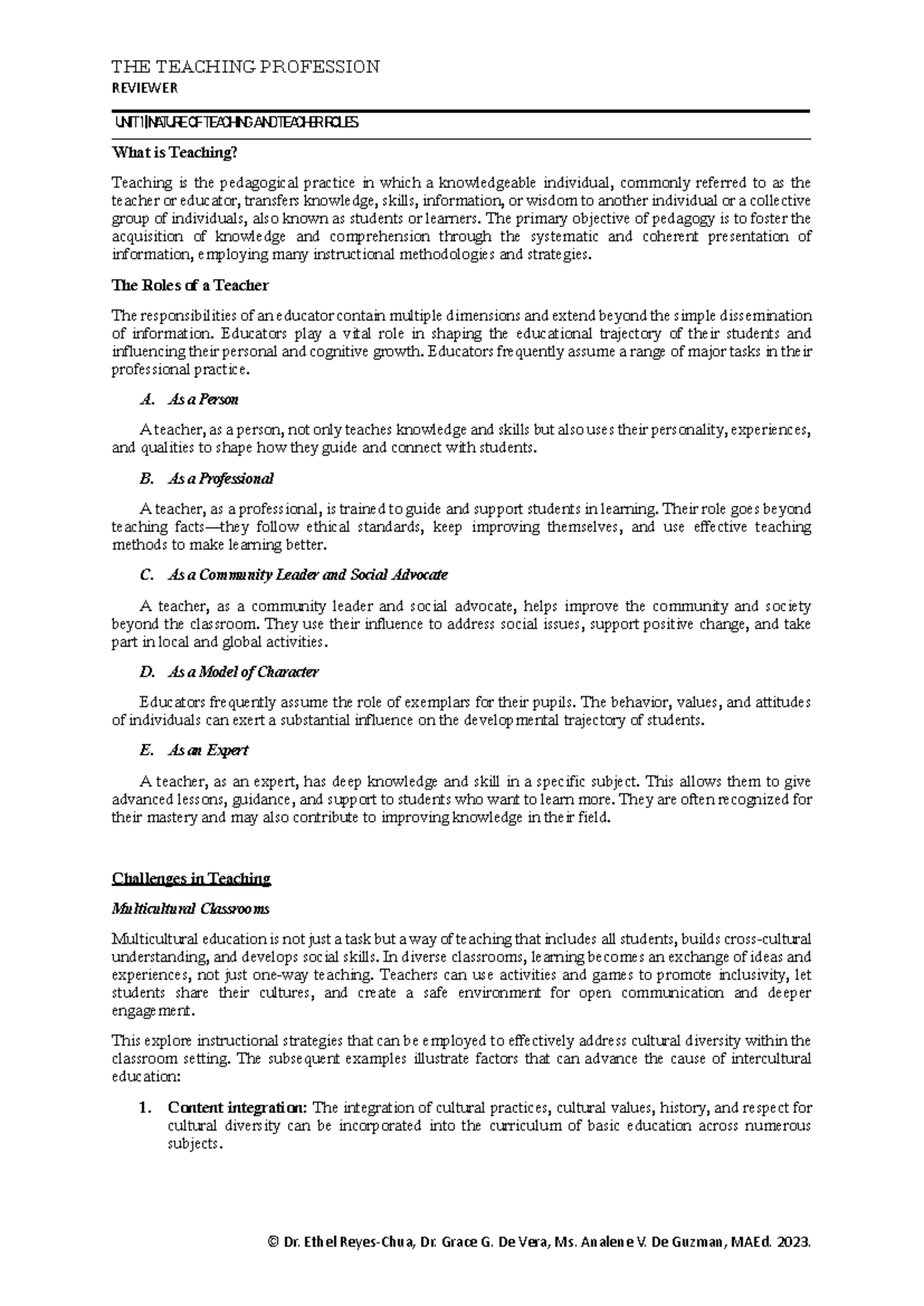PROF ED 101: Teaching Profession Reviewer on Roles & Challenges - Studocu