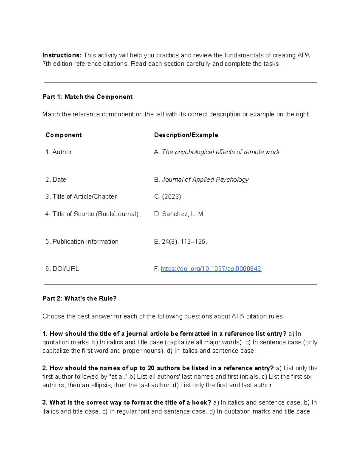 APA 7th Edition References Activity: Practice & Review Guide - Studocu
