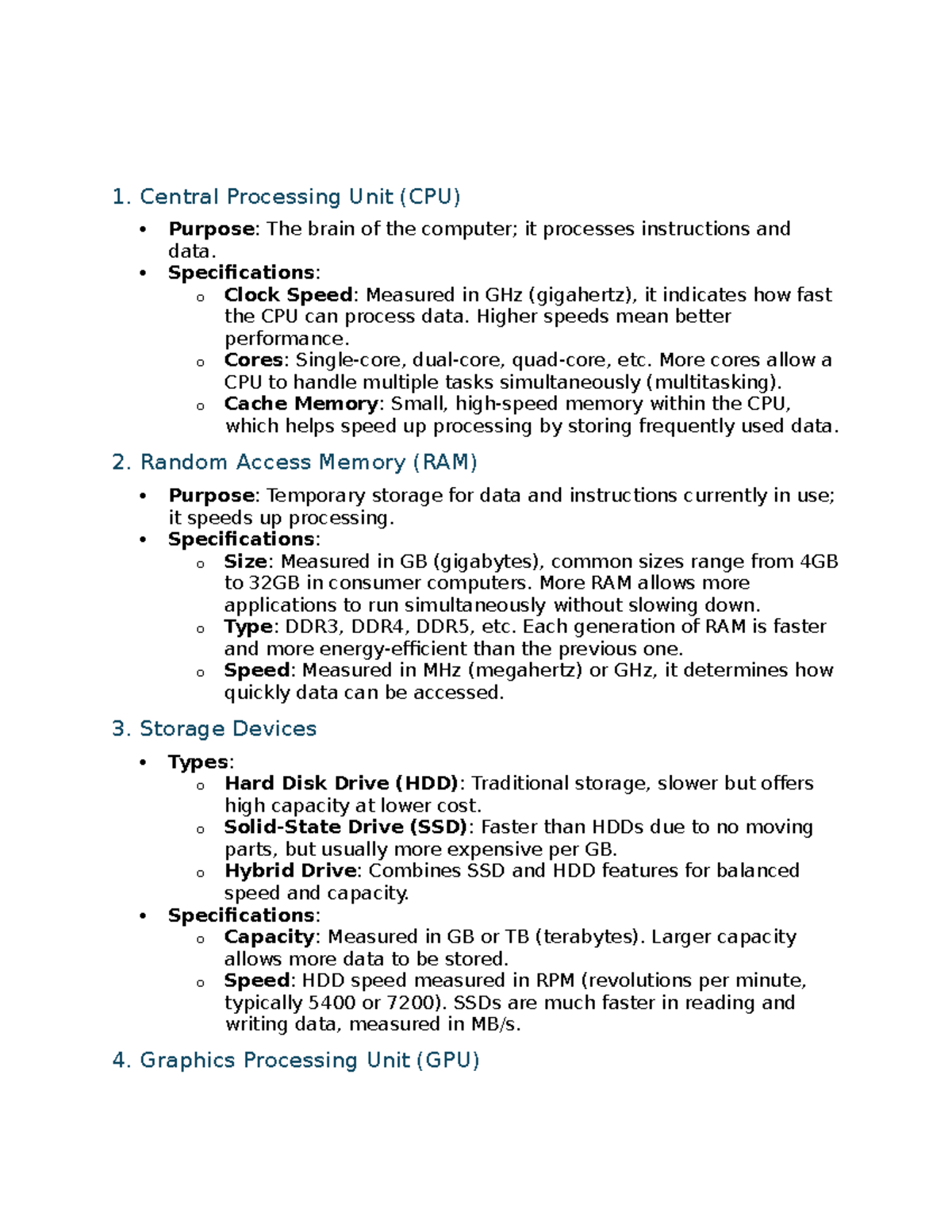 CAT 11 Theory Notes on Computer Hardware Components - Studocu