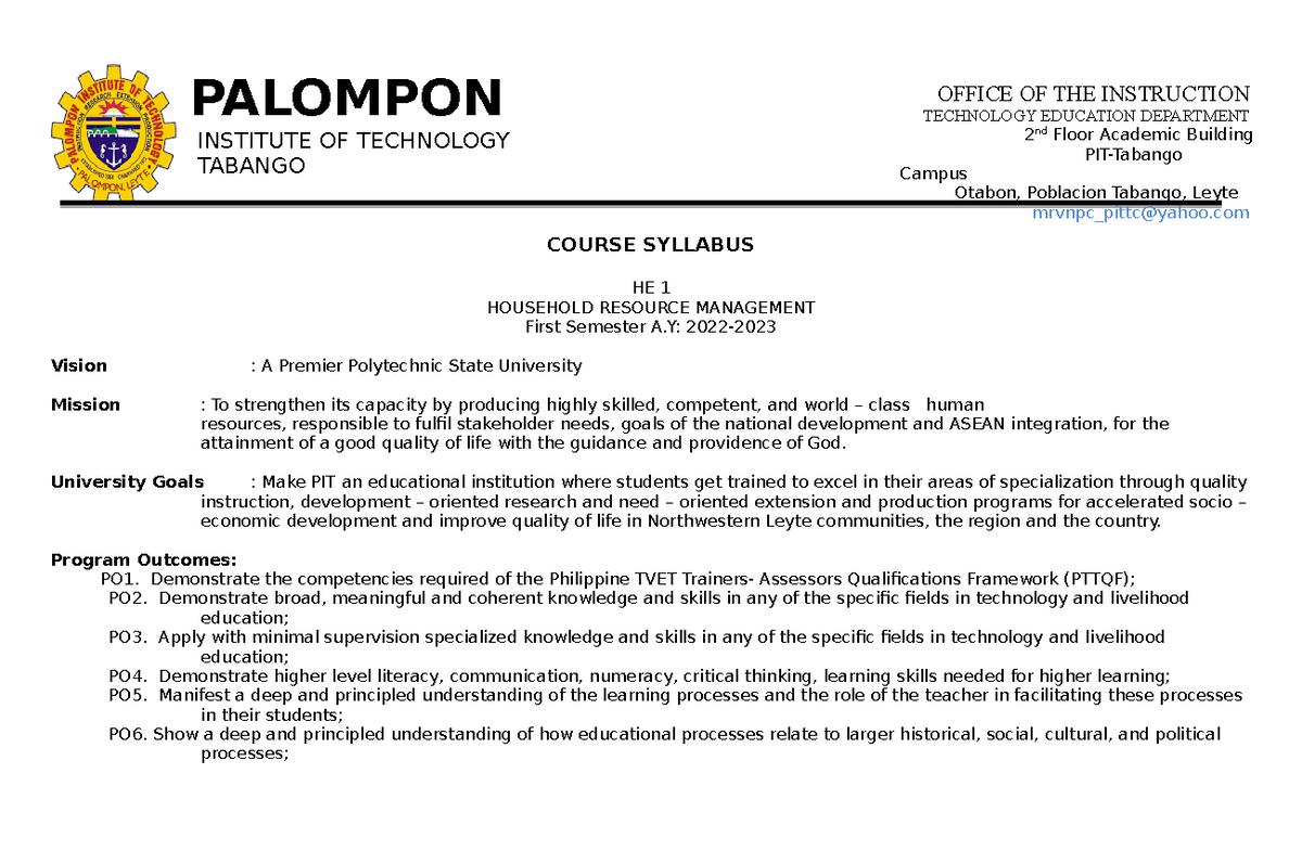 Household Resource Management Syllabus - PALOMPON INSTITUTE OF TECHNOLOGY TABANGO COURSE ...