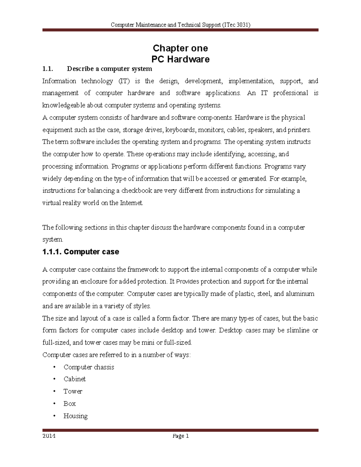 1.Computer Maintenance and Technical Support - Chapter one PC Hardware ...