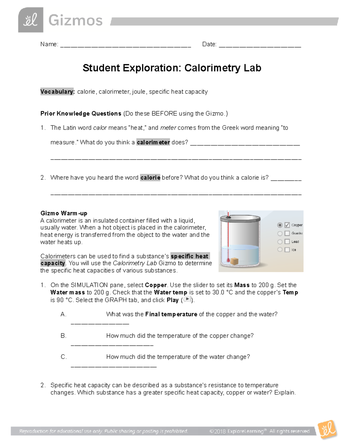 Gizmo Calorimetry Lab - worksheet - Name ...