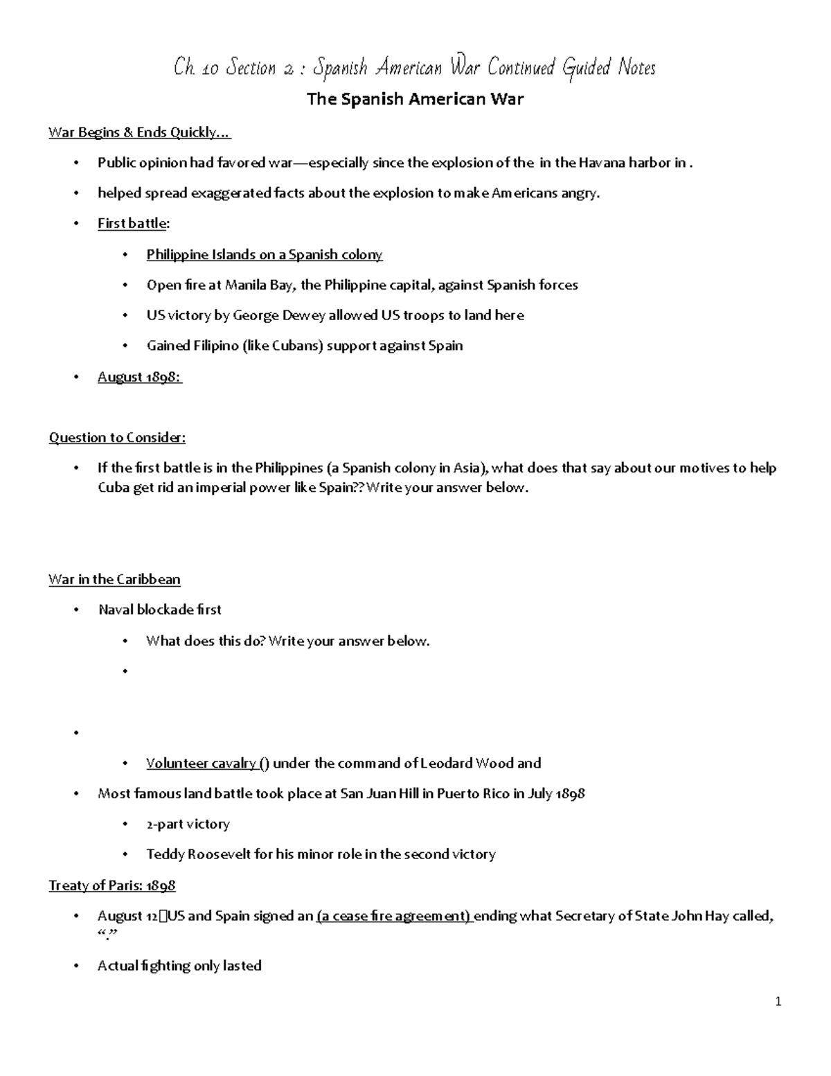 Spanish American War Ch. 10 Sec 2 Guided Notes and Analysis - Studocu